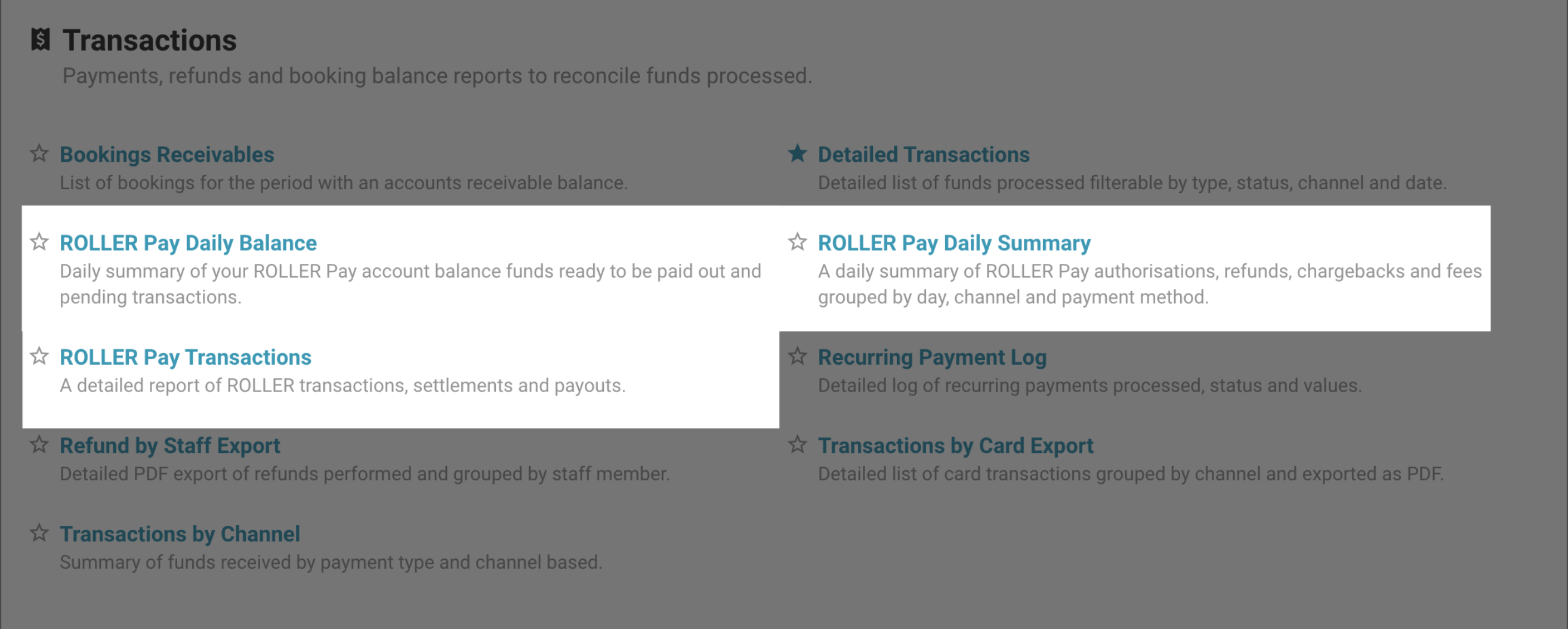 ROLLER Payments reports